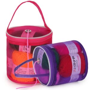 katech 2 pcs empty mesh yarn bags small round yarn storage case portable knitting yarn balls organizer baskets crochet thread sewing accessories storage tote bags (purple + red)