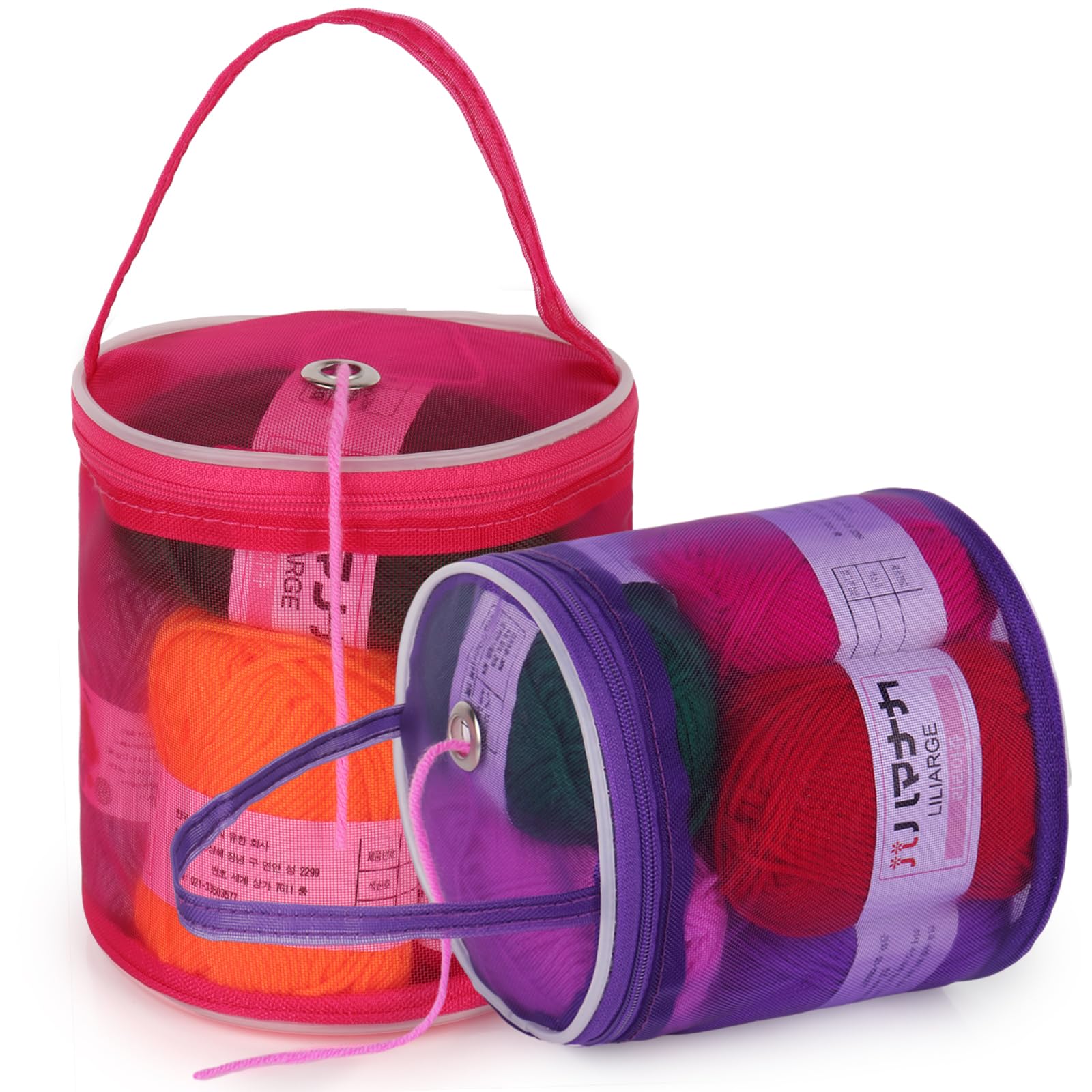 Katech 2 pcs Empty Mesh Yarn Bags Small Round Yarn Storage Case Portable Knitting Yarn Balls Organizer Baskets Crochet Thread Sewing Accessories Storage Tote Bags (Purple + Red)