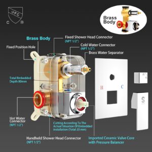 SR SUN RISE 12 Inch Slide Bar Shower System, Square Rain Shower Head and Handheld Spray, Wall Mounted Shower Faucets Sets Complete Included Valve and Shower Trim Kit, Polished Chrome