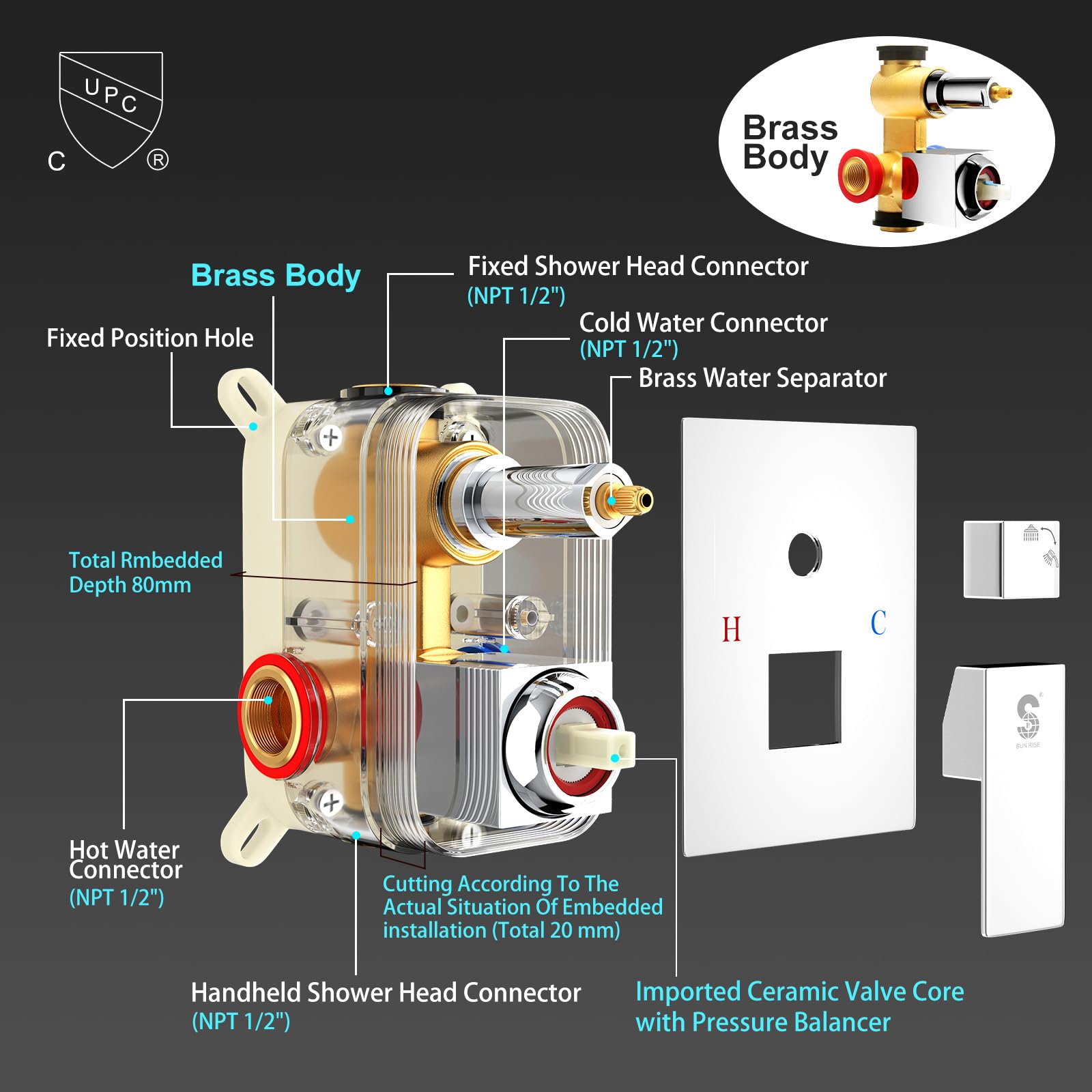 SR SUN RISE 12 Inch Slide Bar Shower System, Square Rain Shower Head and Handheld Spray, Wall Mounted Shower Faucets Sets Complete Included Valve and Shower Trim Kit, Polished Chrome