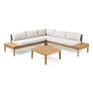 gdfstudio outdoor acacia wood and wicker 5 seater sectional sofa set with water-resistant cushions, teak and light khaki