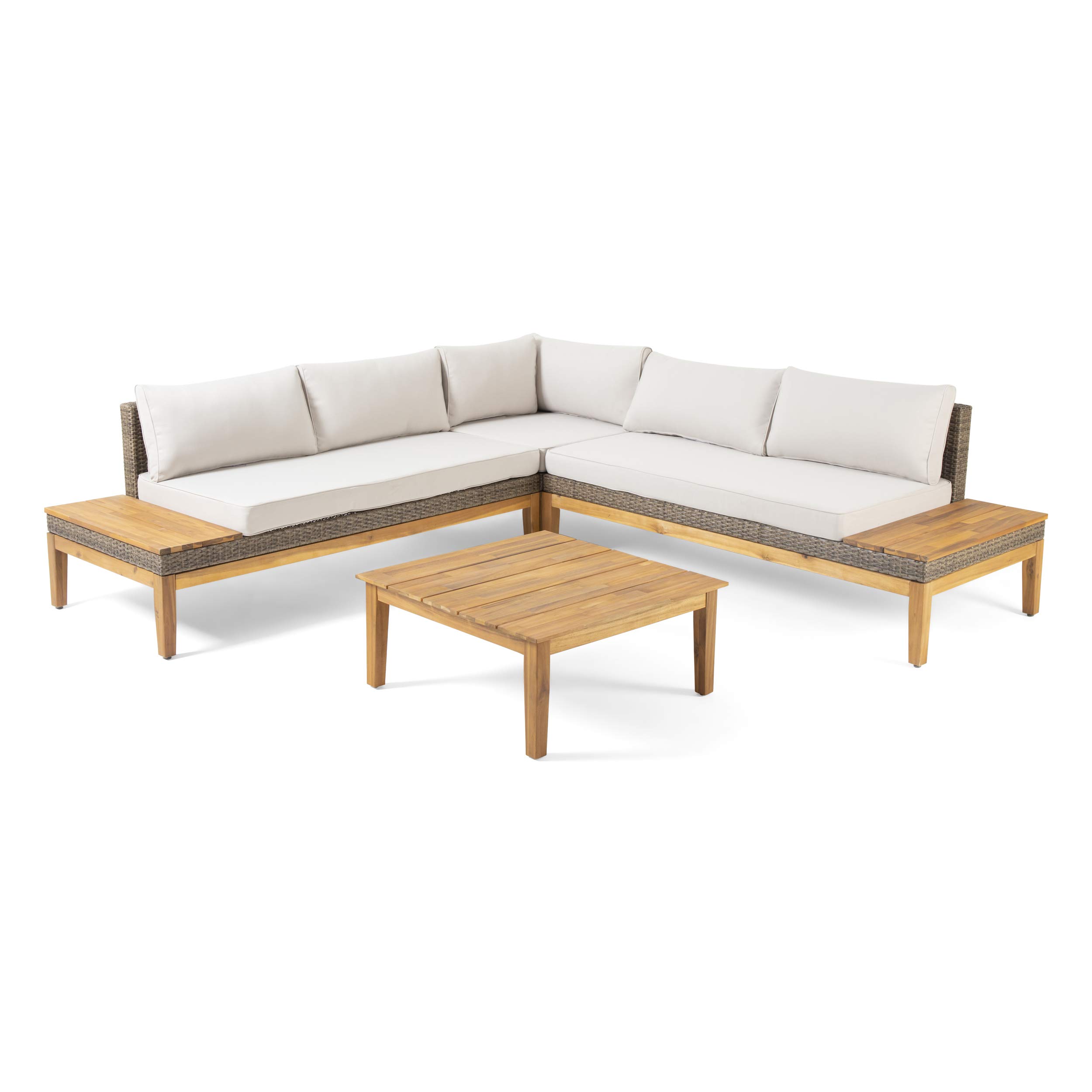 GDFStudio Outdoor Acacia Wood and Wicker 5 Seater Sectional Sofa Set with Water-Resistant Cushions, Teak and Light Khaki