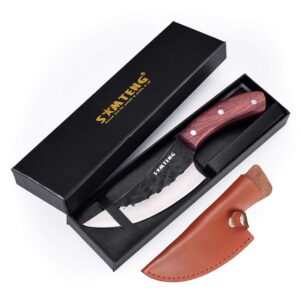 smteng outdoor survival knife 5.5 inch，great for camping,hunting and bbq activities with leather sheath，handmade forged hammered kitchen knife full tang sharp blade butcher knives boning knife