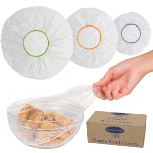 kitchen strong 100 bowl covers reusable - plastic bowl covers elastic reusable - food covers stretch reusable, food storage covers reusable, elastic bowl covers for bread proofing - in 3 sizes