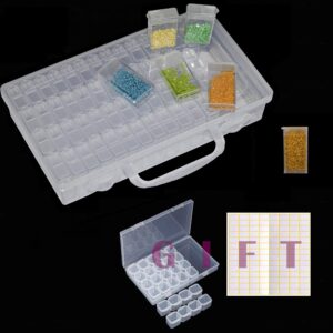 64 grids diamond painting drill storage container, beads organizer storage case with 28 grids plastic box and label (64 slots)