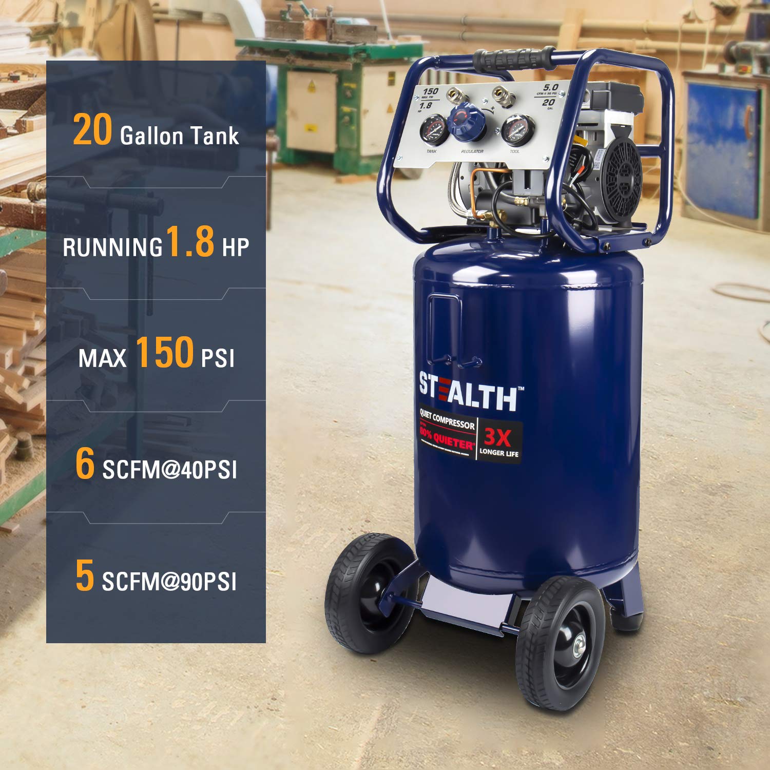 STEALTH Air Compressor, Ultra Quiet, Oil-Free and Long Life Cycle,1.8 Hp 20 Gallon Compressor with Large Rubber Wheels (Blue, SAQ-12018)