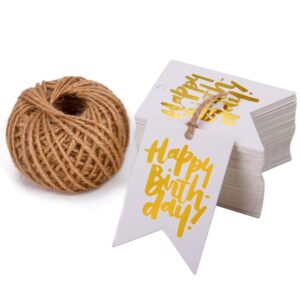 wrapaholic gift tags with string - 100pcs white kraft happy birthday paper tags with 100 feet natural jute twine for wedding, baby shower, party favors