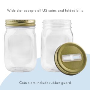 Cornucopia Brands Small Coin Bank Jars (4-Pack, Clear); 16oz Clear Plastic Mason Jar Coin Banks w/Gold Slotted Lids