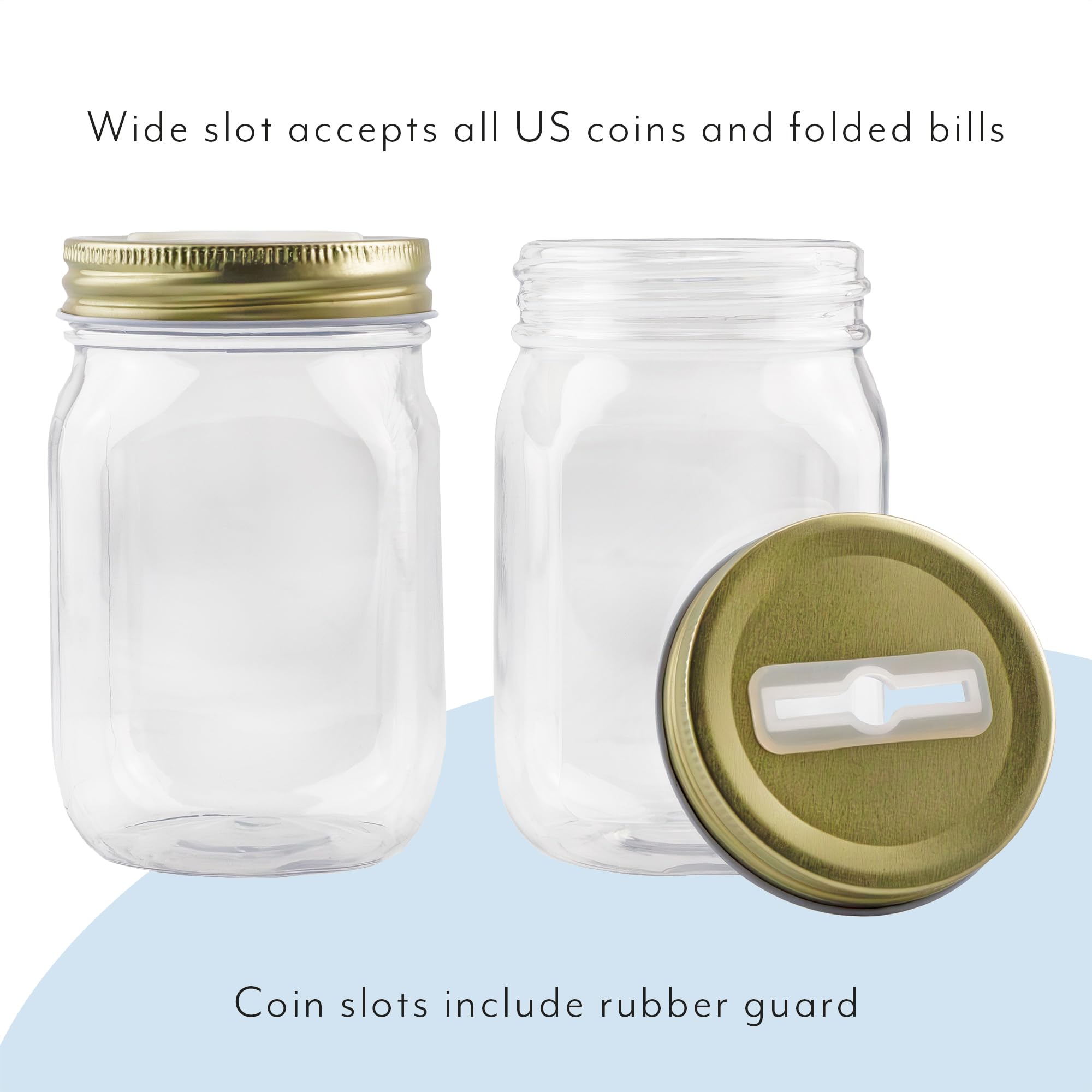 Cornucopia Brands Small Coin Bank Jars (4-Pack, Clear); 16oz Clear Plastic Mason Jar Coin Banks w/Gold Slotted Lids