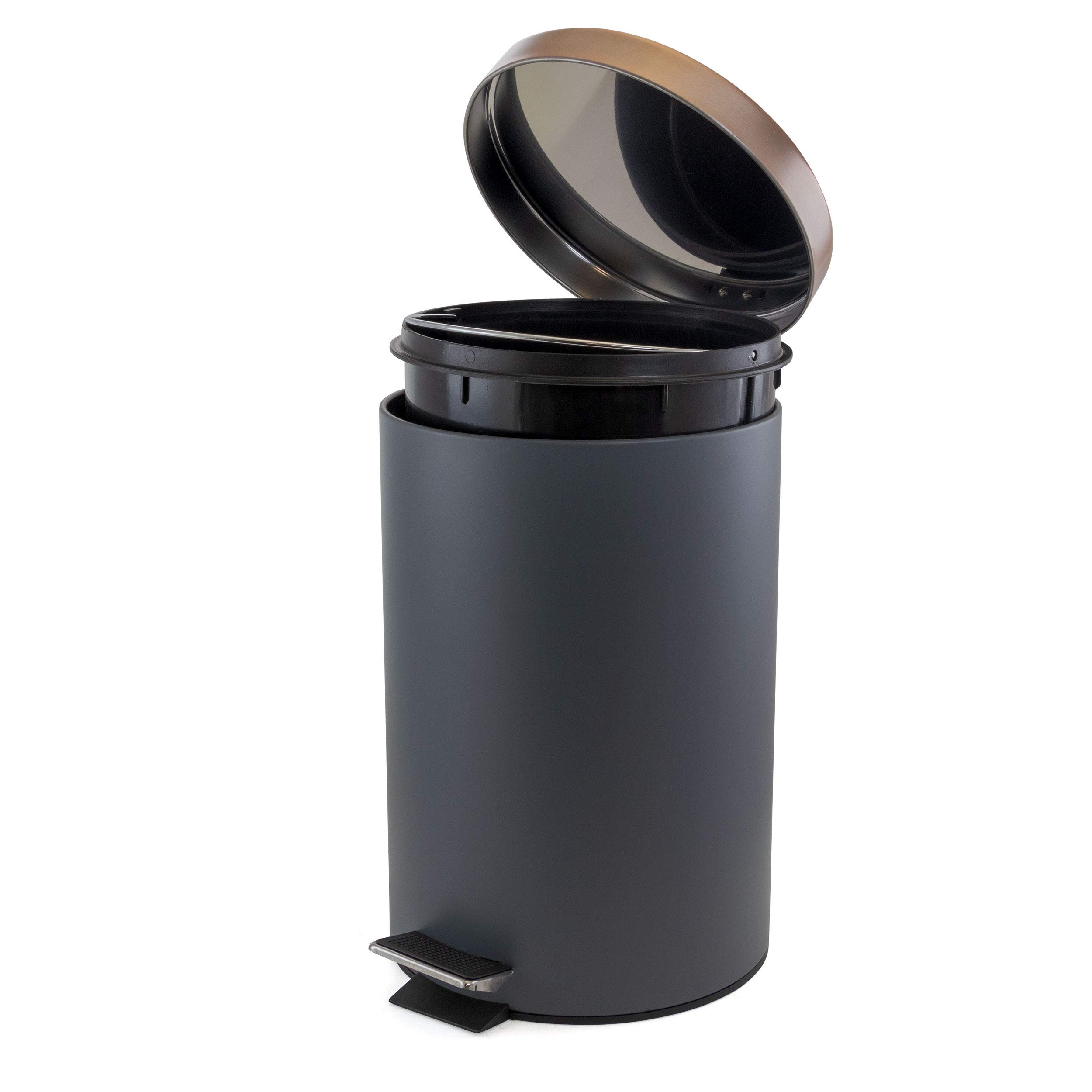 Elama 12 Liter Stylish Contemporary Soft Pedal Office, Kitchen, and Bathroom Trash Bin in Dark Grey and Copper