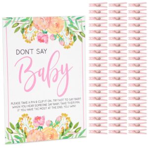 sparkle and bash floral baby shower clothespin game for girl, don't say baby theme with 60 pink clothes pins and 8x10-inch sign