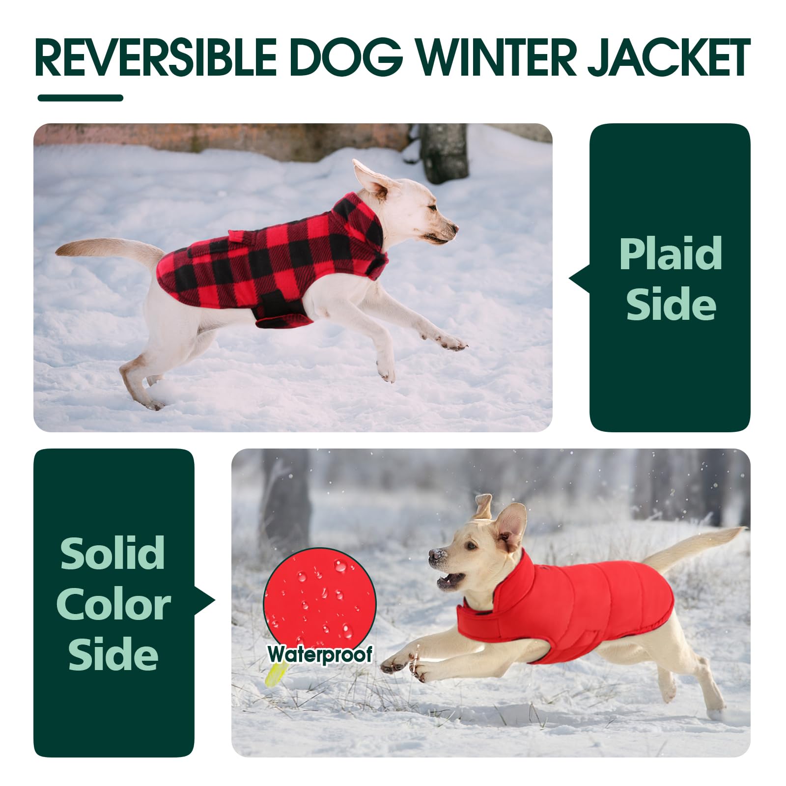 Kuoser Dog Winter Coat, Windproof Dog Fleece Jacket British Style Plaid Cold Weather Dog Vest Coats, Reversible Cozy Warm Dog Clothes Pet Apparel for Large Size Dogs XL