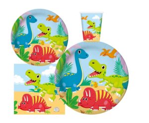 serves 24 complete party pack dinosaur birthday party supplies 9" dinner paper plates 7" dessert paper plates 9 oz cups 3 ply napkins dinosaur themed birthday party supplies