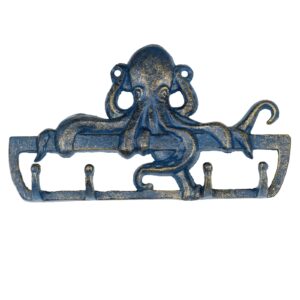 hillspring cast iron octopus hooks for wall, key holder towel hook with 4 hooks, nautical decorative wall mounted hanger rack, 7.7 inch