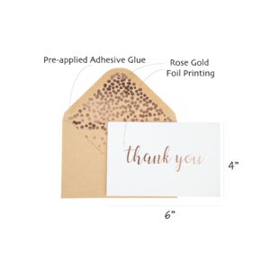 Thank You Cards - Blank 50 Pack White Cards with Rose Gold Foiled "Thank You" Printed with 52 Foil Embossed Kraft Envelopes 4" x 6" - for Wedding Bridal Shower Baby Shower Birthday Party