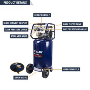 STEALTH Air Compressor, Ultra Quiet, Oil-Free and Long Life Cycle,1.8 Hp 20 Gallon Compressor with Large Rubber Wheels (Blue, SAQ-12018)