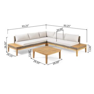 GDFStudio Outdoor Acacia Wood and Wicker 5 Seater Sectional Sofa Set with Water-Resistant Cushions, Teak and Light Khaki