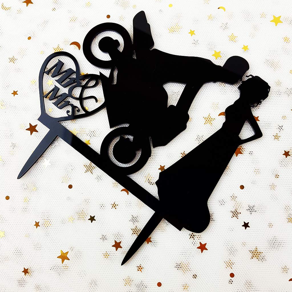 Motorcycle Funny Wedding Cake Topper Mr & Mrs, Bride Groom with Motorbike (Black Acrylic)