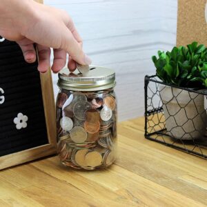 Cornucopia Brands Small Coin Bank Jars (4-Pack, Clear); 16oz Clear Plastic Mason Jar Coin Banks w/Gold Slotted Lids