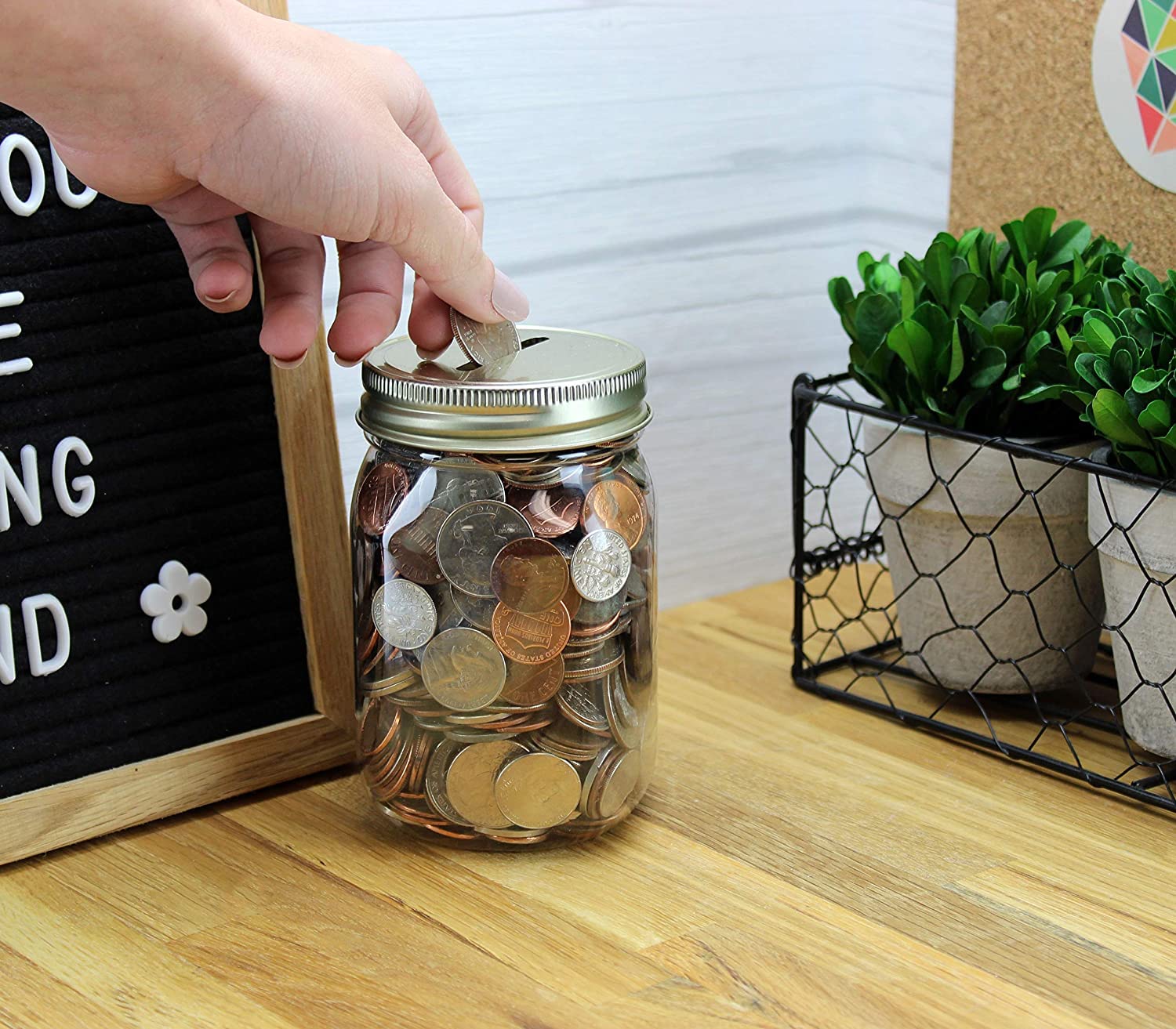 Cornucopia Brands Small Coin Bank Jars (4-Pack, Clear); 16oz Clear Plastic Mason Jar Coin Banks w/Gold Slotted Lids