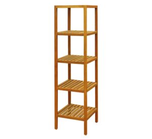 interbuild solid wood 5 tier floor storage shelf rack multi-use standing organizer in bathroom, bedroom, living room, kitchen, balcony, office, golden teak