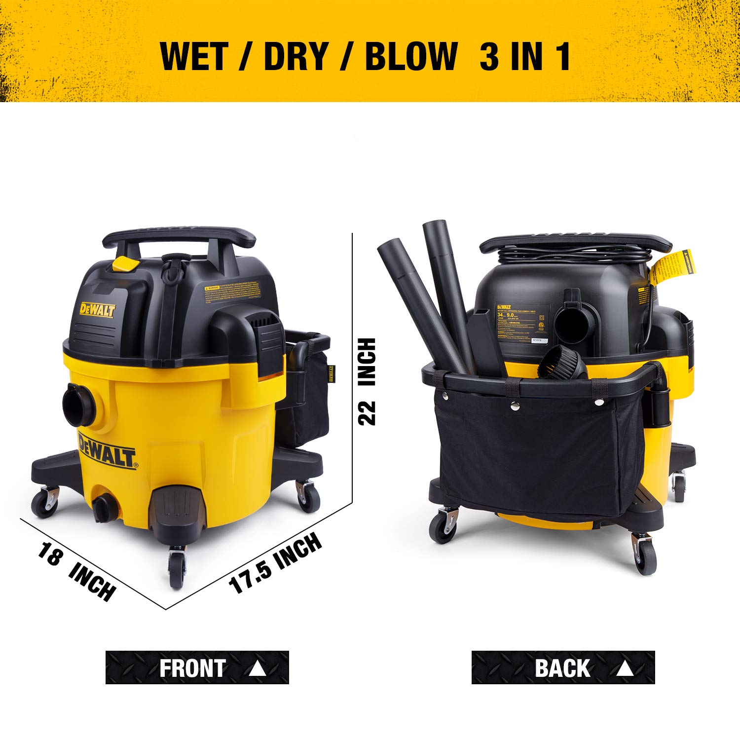 DEWALT 9 Gallon Wet/Dry Vac, 5HP Heavy-Duty Shop Vacuum, Wet/Dry Suction Blow Function 3 in 1, DXV09P