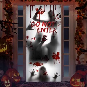 large halloween window door cover fabric scary handprint and shadowy figure halloween props poster banner for halloween spook house decorations halloween supplies (do not enter)