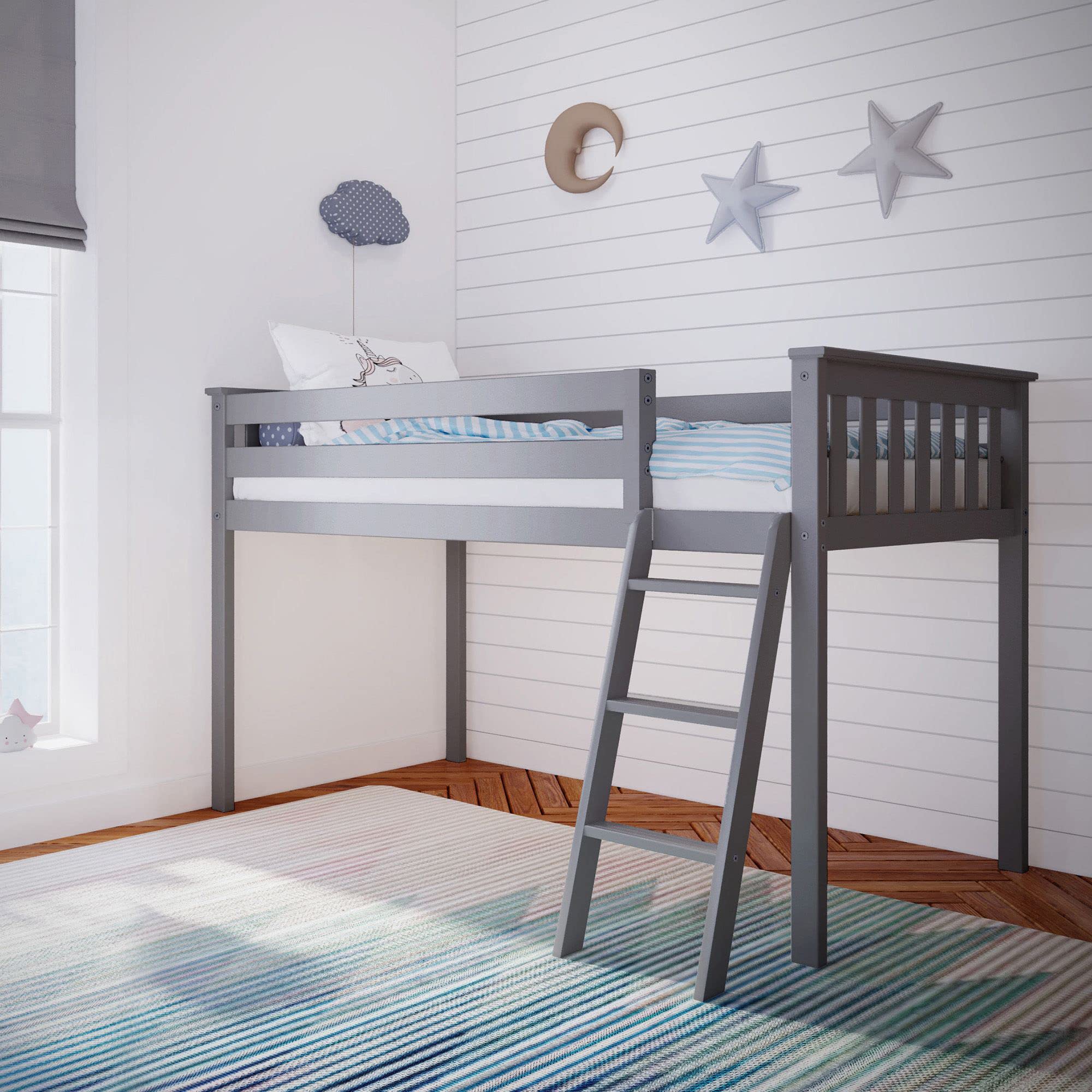 Max & Lily Low Loft Bed, Twin Bed Frame For Kids, Grey