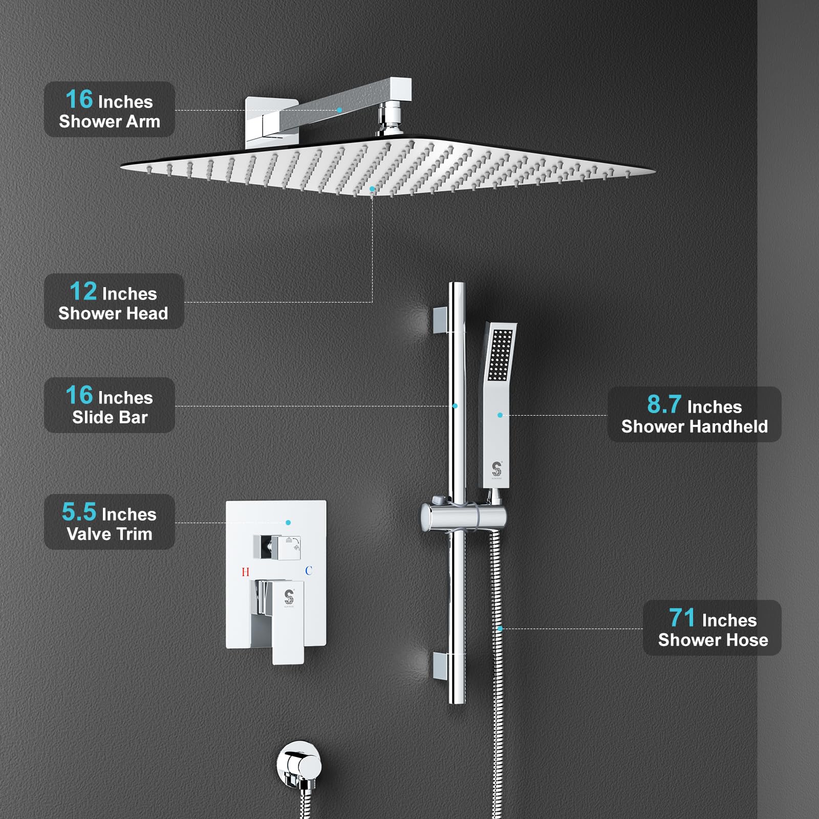 SR SUN RISE 12 Inch Slide Bar Shower System, Square Rain Shower Head and Handheld Spray, Wall Mounted Shower Faucets Sets Complete Included Valve and Shower Trim Kit, Polished Chrome