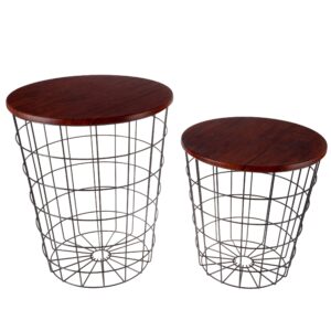 end tables set of 2 - nesting tables with removable wood tops and metal basket bases for blanket storage - round side tables for living room, bedroom, or home office by lavish home (cherry/black)