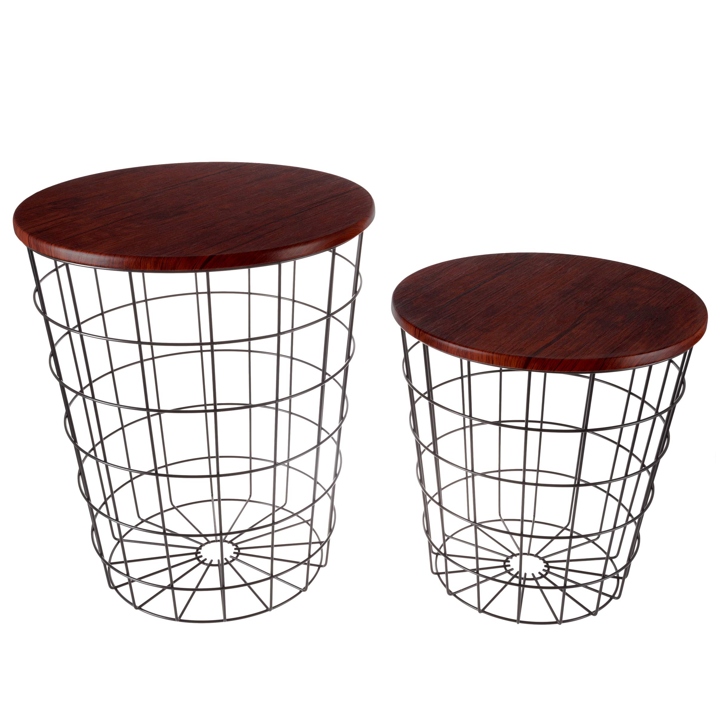 End Tables Set of 2 - Nesting Tables with Removable Wood Tops and Metal Basket Bases for Blanket Storage - Round Side Tables for Living Room, Bedroom, or Home Office by Lavish Home (Cherry/Black)