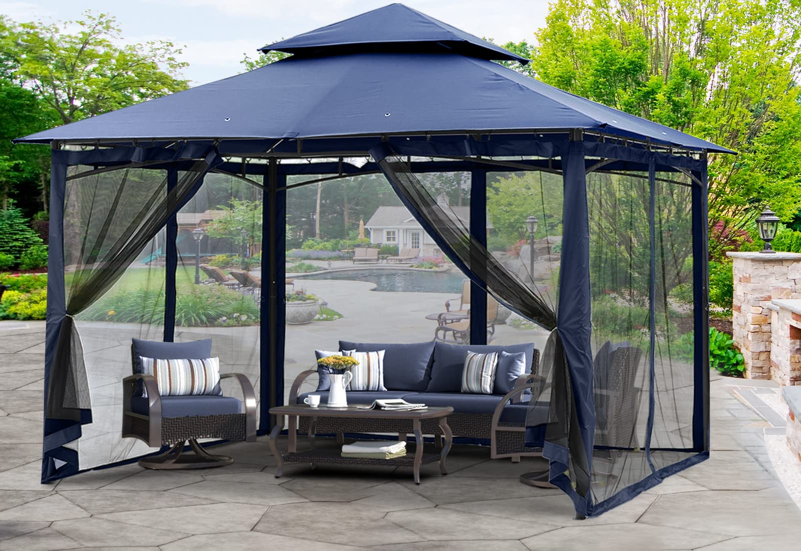 MASTERCANOPY Outdoor Garden Gazebo for Patios with Stable Steel Frame and Netting Walls (10x10,Navy Blue)