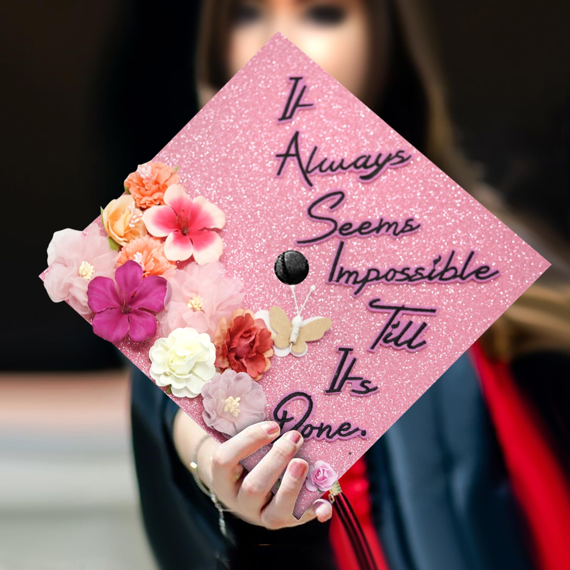 GRADWYSE Pink Glitter Graduation Cap Topper with Flowers, Graduation Cap Decorations, Class of 2024 Grad Cap Topper, It Always Seems Impossible Till It's Done