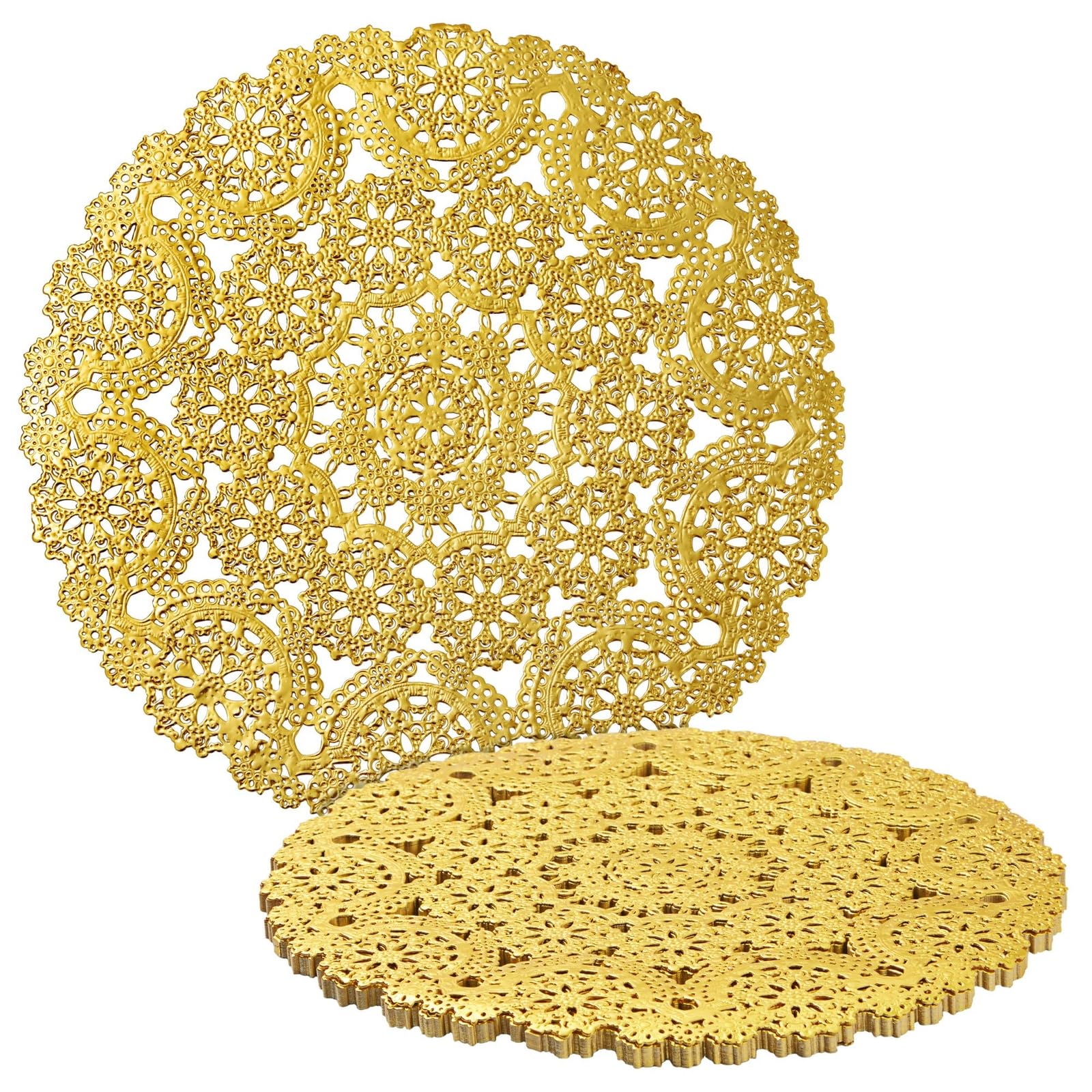 Juvale 60 Pack 10 Inch Gold Paper Doilies for Dining Table, Round Decorative Medallion Lace Placemats for Wedding