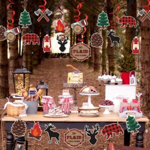 Levfla 30CT Lumberjack Party Hanging Swirls Decoration Buffalo Plaid Kids Birthday Photo Props Camping Ideas Bears Cutouts S'More Fun Door Whirls Signs Baby Shower Favor Supplies