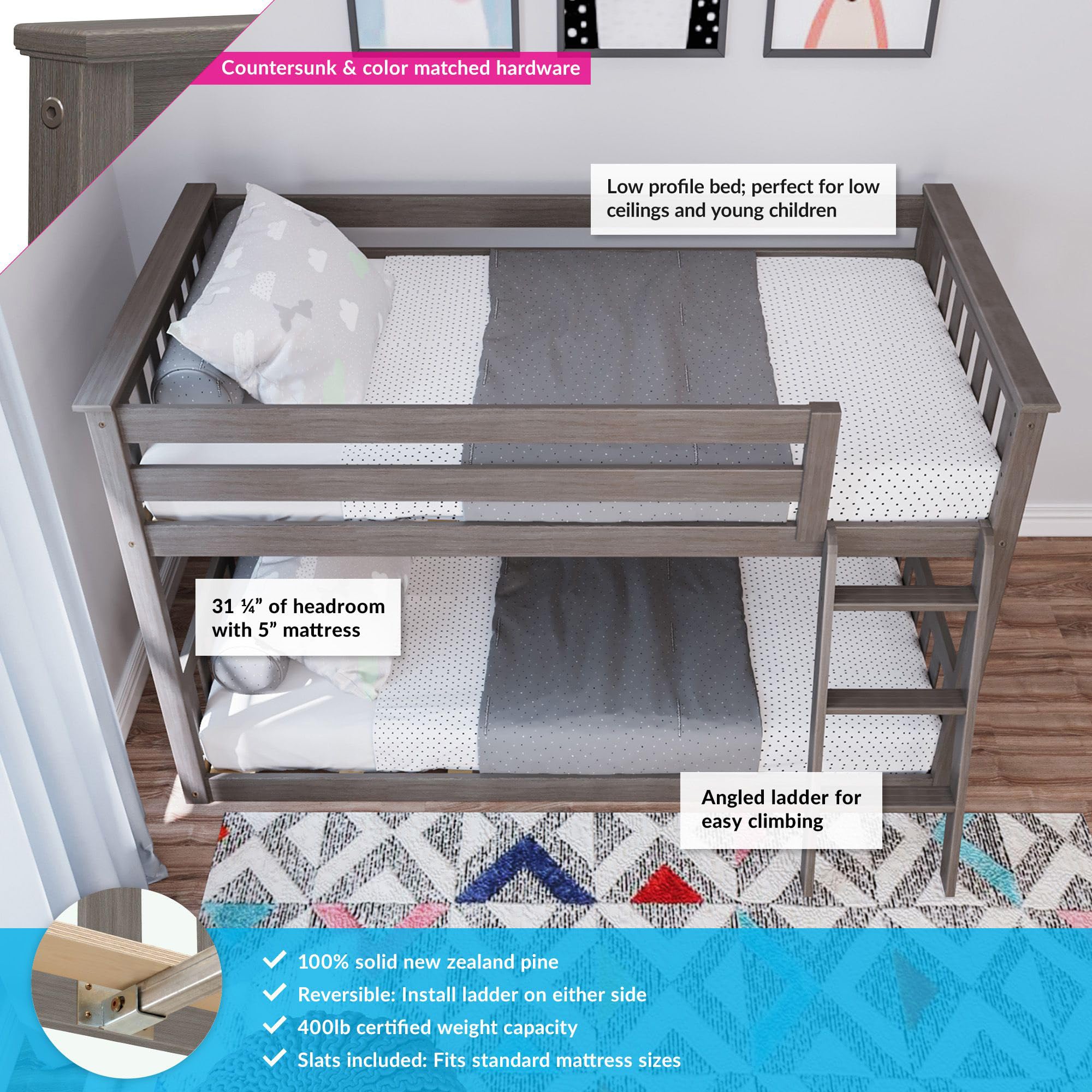 Max & Lily Twin Over Twin Low Bunk Bed with Ladder, Wooden Bunk beds with 14” Safety Guardrail for Kids,Toddlers, Boys, Girls, Teens, Bedroom Furniture, Clay