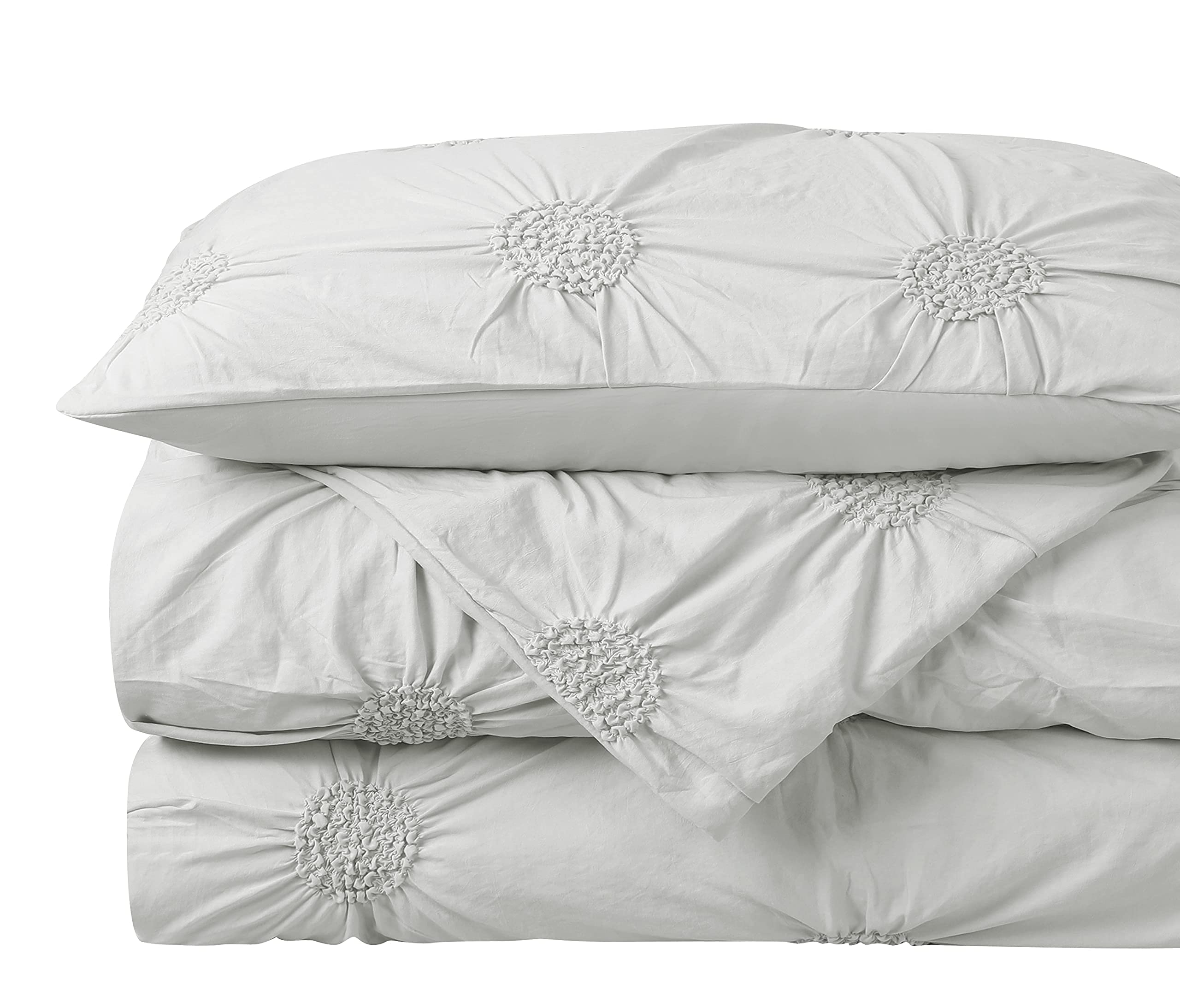 Swift Home Twin/Twin XL Light Grey Dorm Bedding - Floral Pintuck Duvet Cover Set - 2 Pieces Back-to-School Bed Linen, 1 Duvet Cover and 1 Pillow Sham