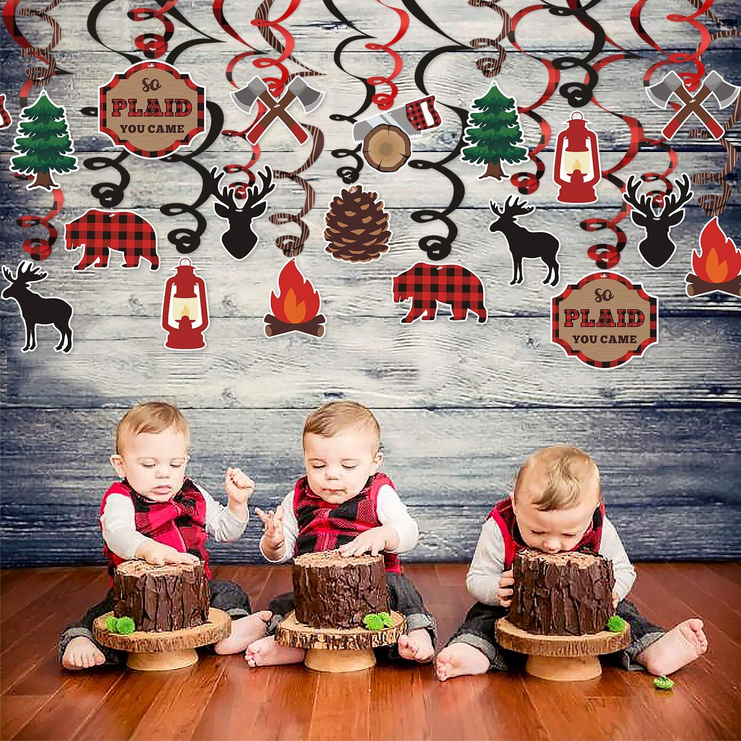 Levfla 30CT Lumberjack Party Hanging Swirls Decoration Buffalo Plaid Kids Birthday Photo Props Camping Ideas Bears Cutouts S'More Fun Door Whirls Signs Baby Shower Favor Supplies