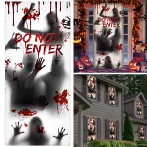 Large Halloween Window Door Cover Fabric Scary Handprint and Shadowy Figure Halloween Props Poster Banner for Halloween Spook House Decorations Halloween Supplies (Do Not Enter)