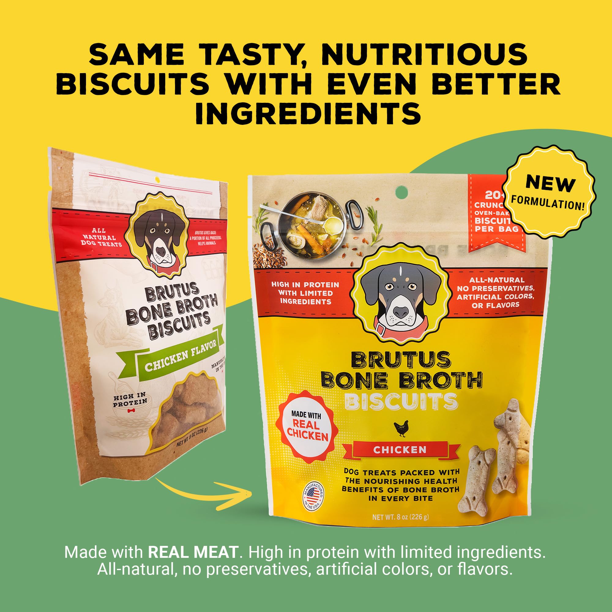 Brutus Bone Broth Biscuits (Chicken) - Healthy Dog Treats - Natural Dog Biscuits with Dog Bone Broth and Real Chicken Meat - 18 Grams of Protein - 8 OZ (Pack of 2)