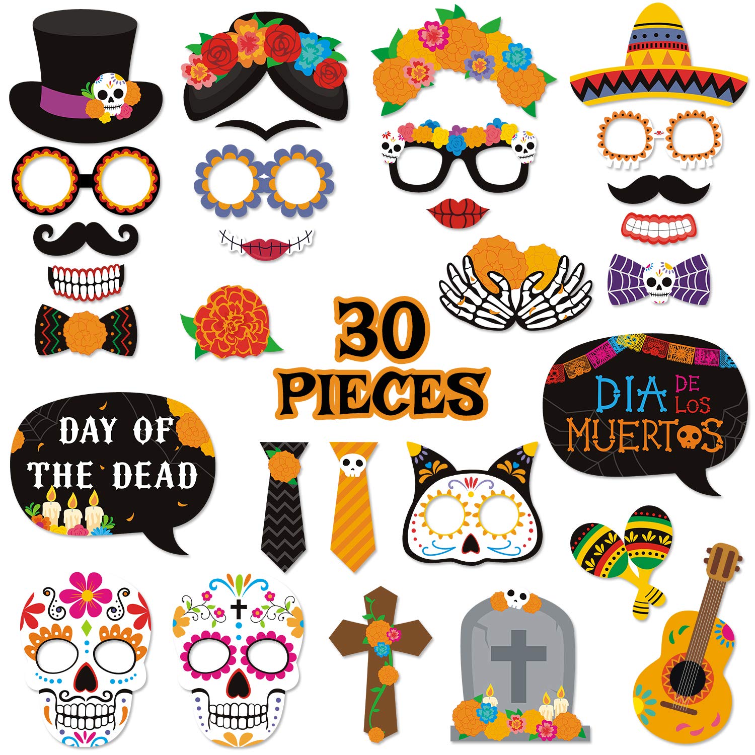 30 PCS Day of The Dead Photo Booth Props Día de Los Muertos Cinco de Mayo Sugar Skull Photo Props Marigold Flowers Decorations for Mexican Birthday Party Wedding Bachelorette Fiesta Party Supplies