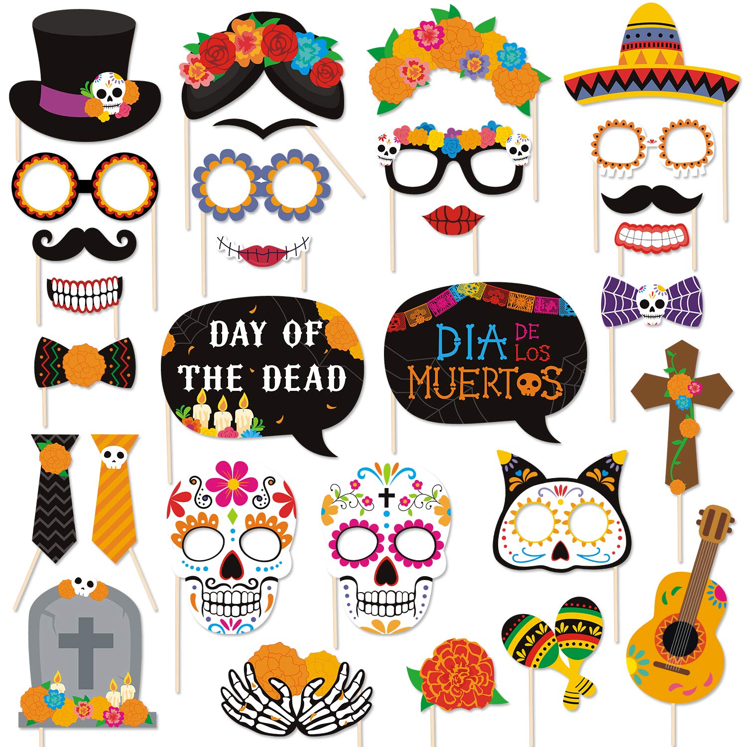 30 PCS Day of The Dead Photo Booth Props Día de Los Muertos Cinco de Mayo Sugar Skull Photo Props Marigold Flowers Decorations for Mexican Birthday Party Wedding Bachelorette Fiesta Party Supplies