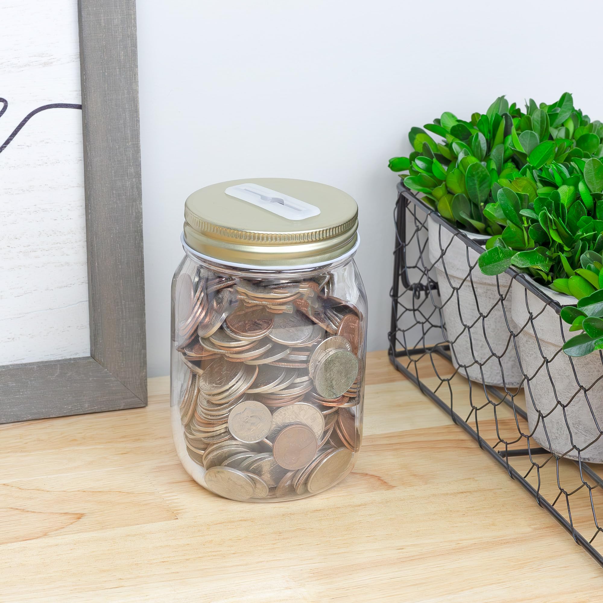 Cornucopia Brands Small Coin Bank Jars (4-Pack, Clear); 16oz Clear Plastic Mason Jar Coin Banks w/Gold Slotted Lids