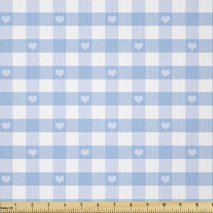 ambesonne checkered fabric by the yard, gingham motif with little hearts pastel blue shower theme, stretch knit fabric for clothing sewing and arts crafts, 1 yard, blue white