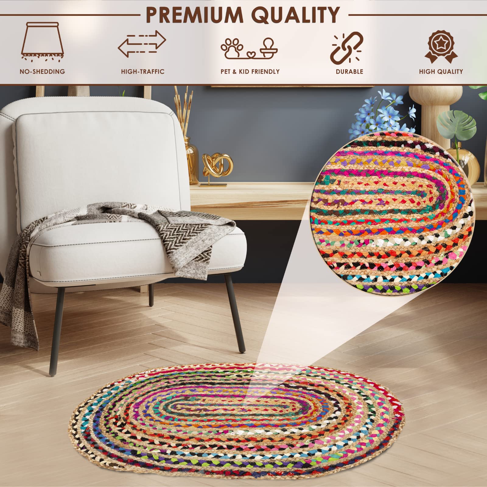 NAQSH Multicolor Handmade Braided Rugs - (2x3 Feet, Multi Jute+Cotton (Oval)