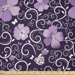 ambesonne floral fabric by the yard, butterfly silhouettes with plant flower patterned design swirls curves, stretch knit fabric for clothing sewing and arts crafts, 1 yard, purple white