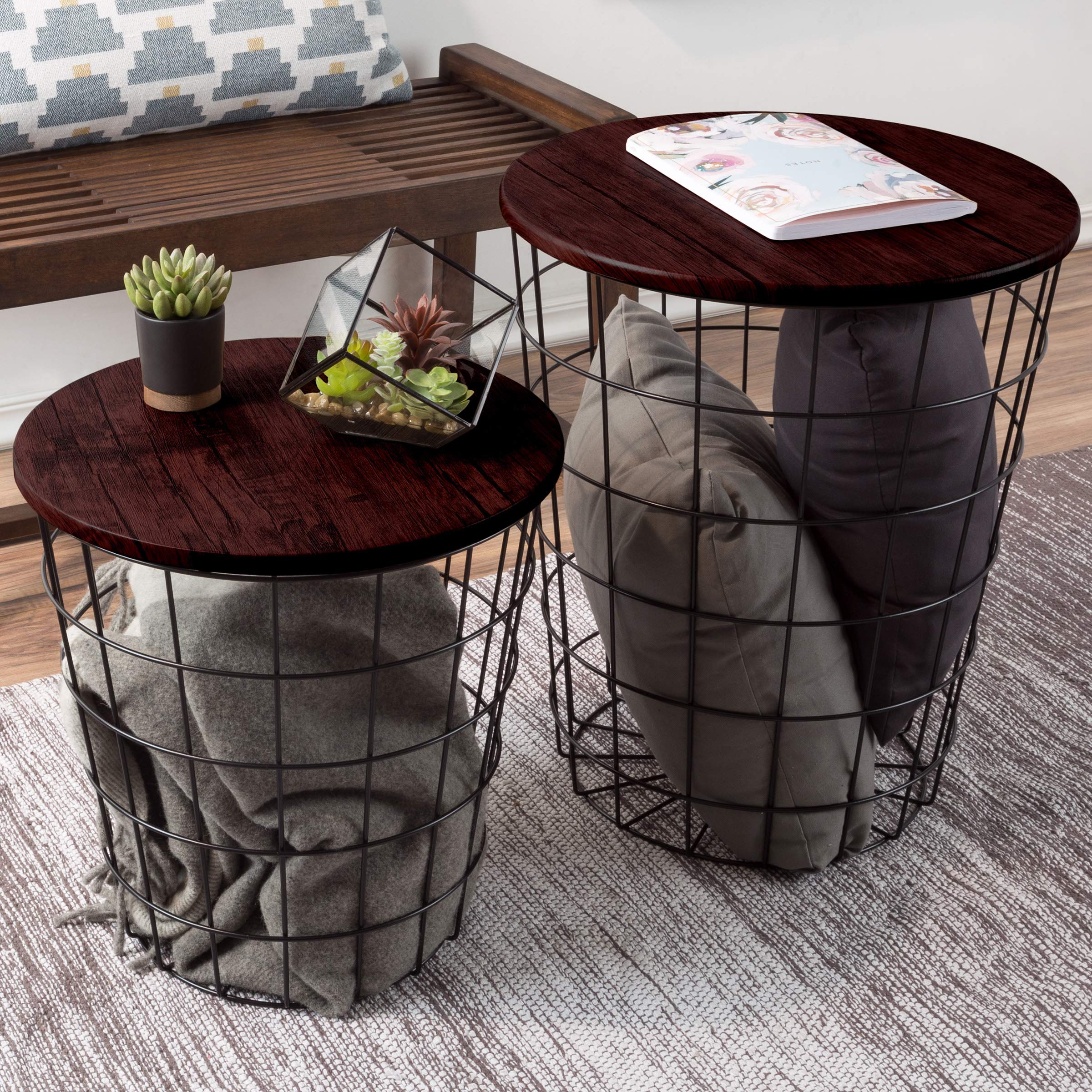 End Tables Set of 2 - Nesting Tables with Removable Wood Tops and Metal Basket Bases for Blanket Storage - Round Side Tables for Living Room, Bedroom, or Home Office by Lavish Home (Cherry/Black)