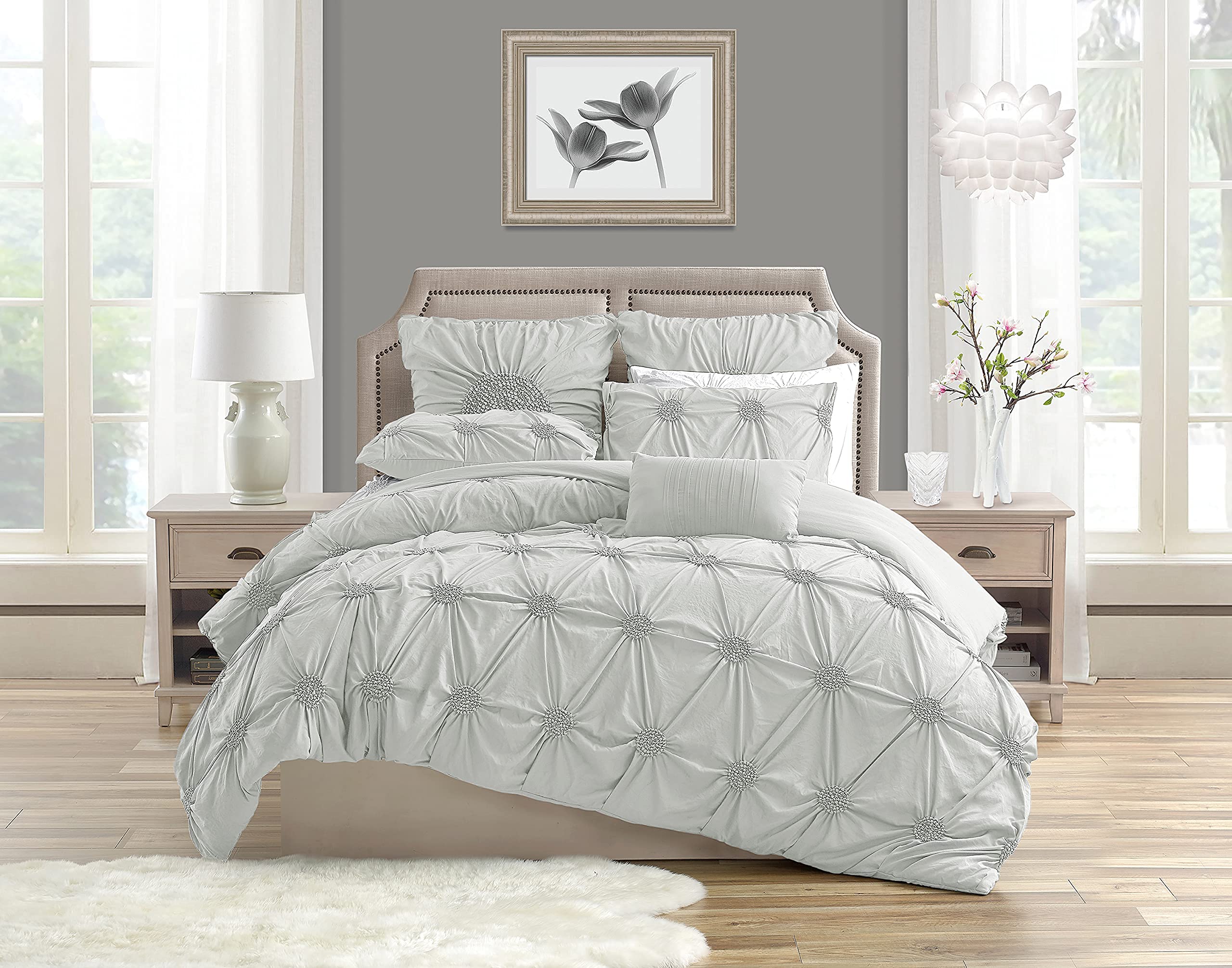 Swift Home Twin/Twin XL Light Grey Dorm Bedding - Floral Pintuck Duvet Cover Set - 2 Pieces Back-to-School Bed Linen, 1 Duvet Cover and 1 Pillow Sham