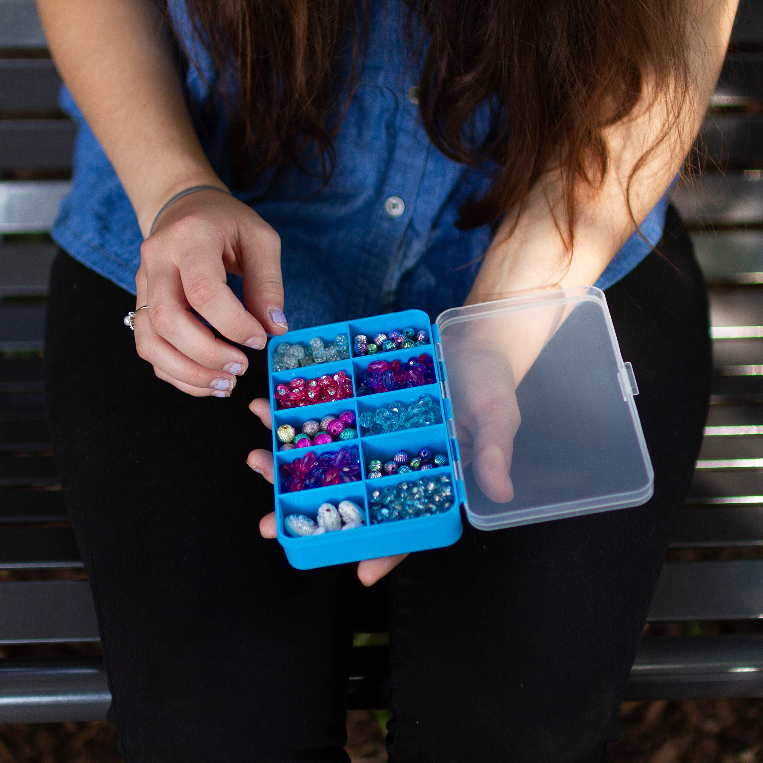 Everything Mary 10 Compartment Plastic Bead Storage Box - 10 Total Storage Spaces- Blue Organizer Storage for Large, Small, Mini, Tiny Beads - Plastic Snap Case for Jewelry, Crafts & Accessories