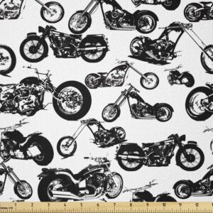 ambesonne motorcycle fabric by the yard, retro chopper pattern monochrome motorbike design adventure cruising theme, stretch knit fabric for clothing sewing and arts crafts, 3 yards, white and black